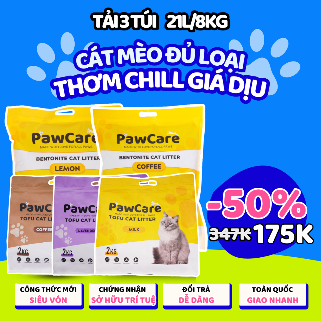 Combo 3 chỉ 175K - Cát mèo PawCare 8Kg/21L siêu vón, ít bụi - Mix 2 đậu nành - 1 đất sét ...
