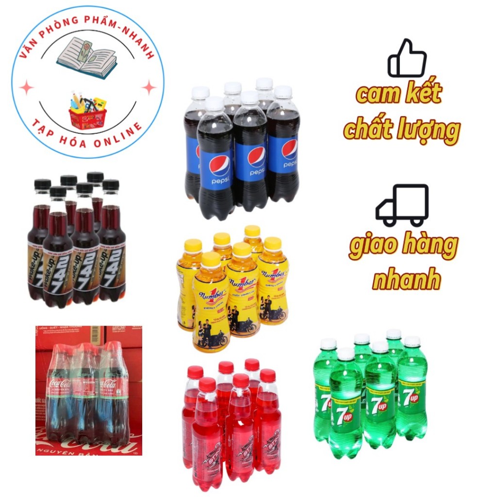 Lốc 6 chai nước ngọt coca, sting dâu, 7 up, 247, number one, pesi ...