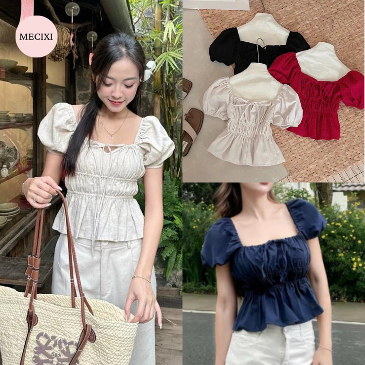 Áo babydoll tay phồng Mecixi tiểu thư, công chúa, cổ vuông bo thân buộc nơ ngực xinh xắn ...