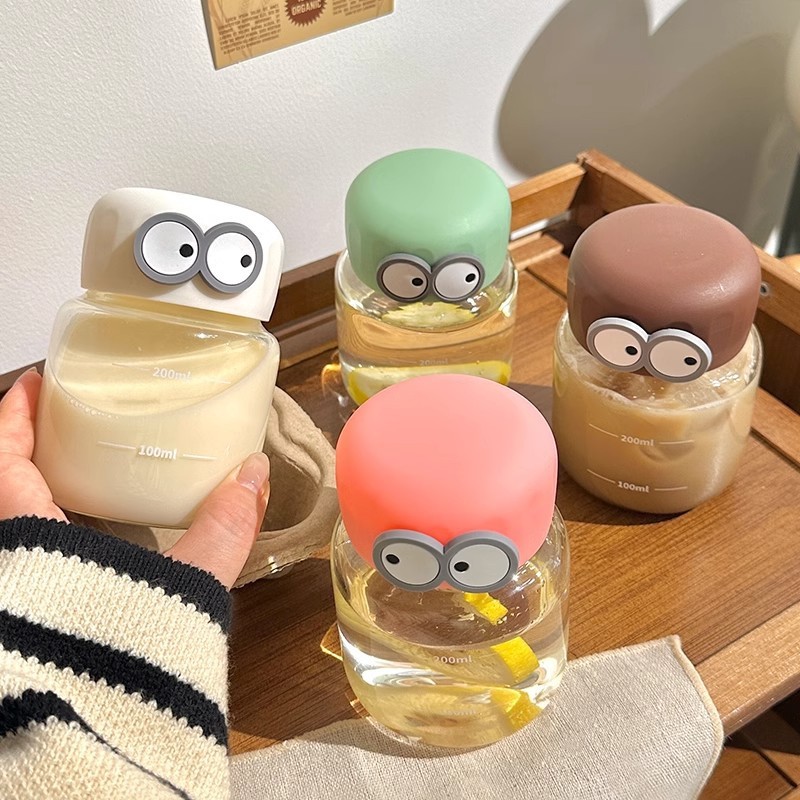 Bình Nước Thủy Tinh Đôi Mắt Dáng Lùn Chia Vạch 300ml Cute, Cốc Uống ...