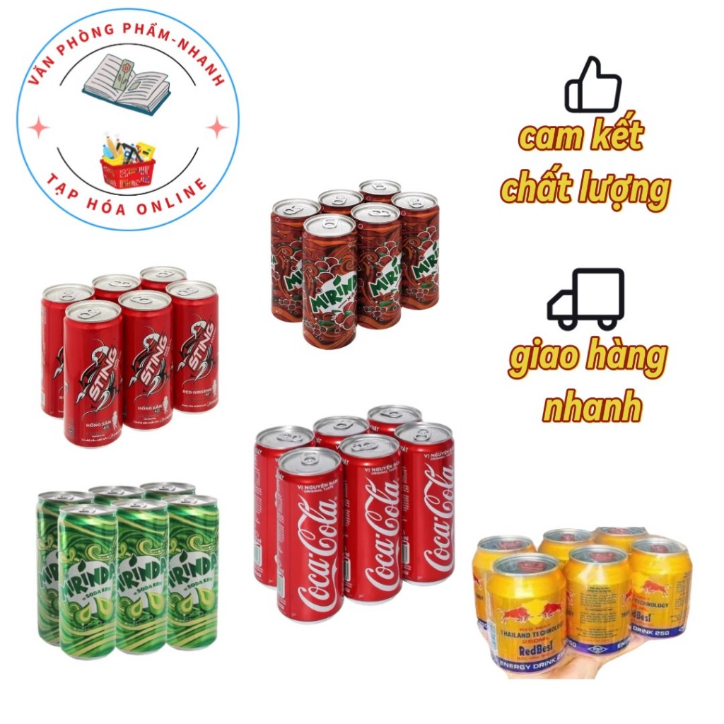 Lốc 6 lon nước ngọt coca cola, sting, nước tăng lực, mirinda | Shopee ...