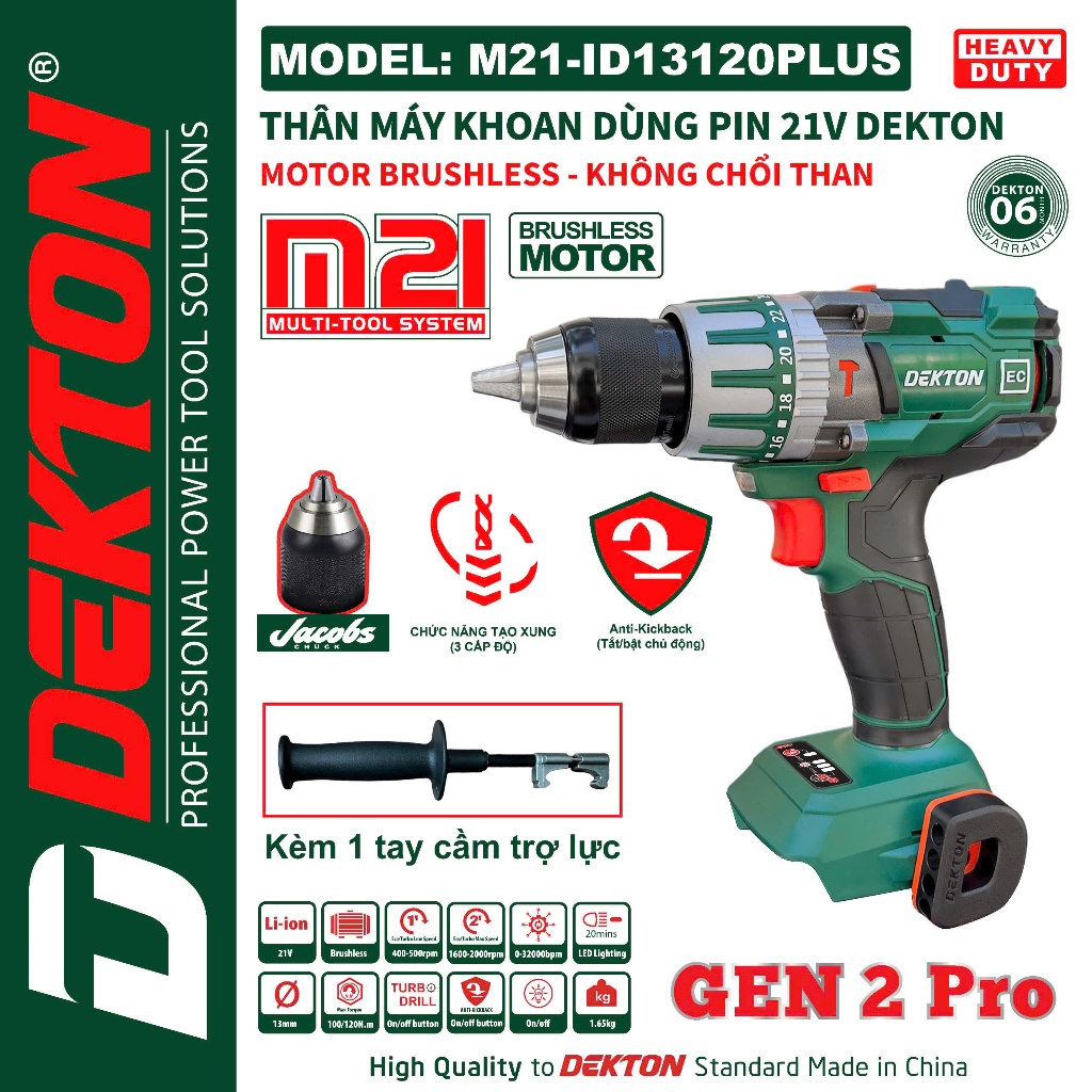 Máy Khoan 3 Chức Năng Dekton / M21-ID13120PLUS/ Đầu Cặp 13mm / Lực Xoắn 120N.m / Chân Phổ Thông ...