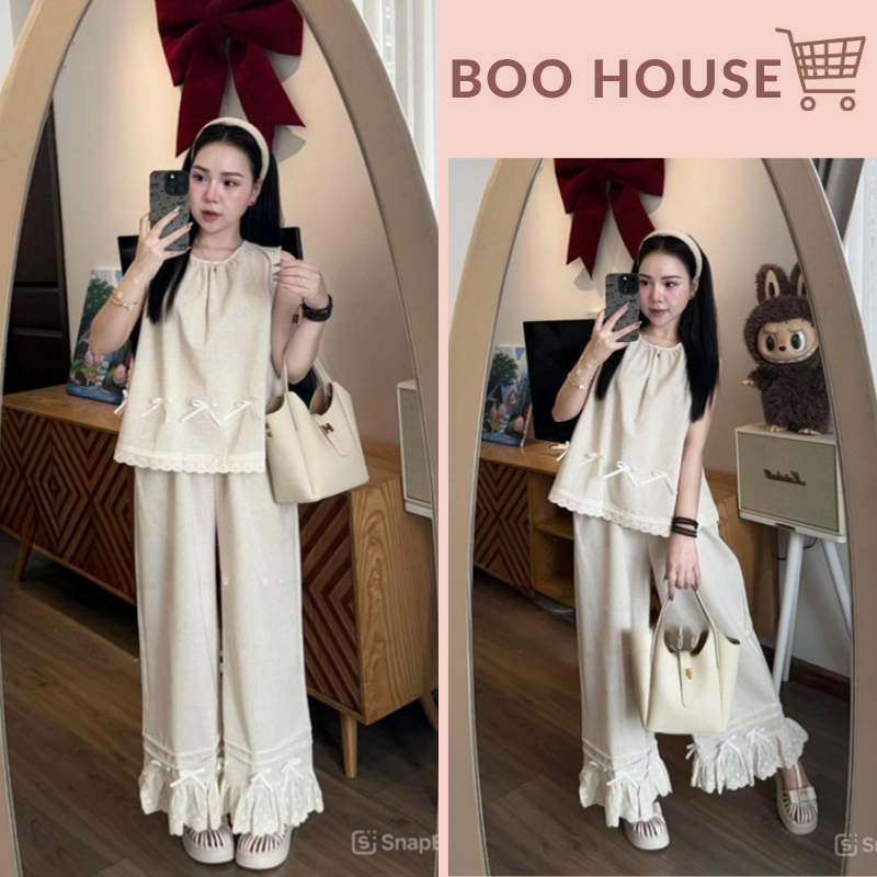 Set đồ nữ, đồ bộ nữ set nách đính nơ phối ren gấu chanh xả cho chị em diện BOOHOUSE hcom25782 ...