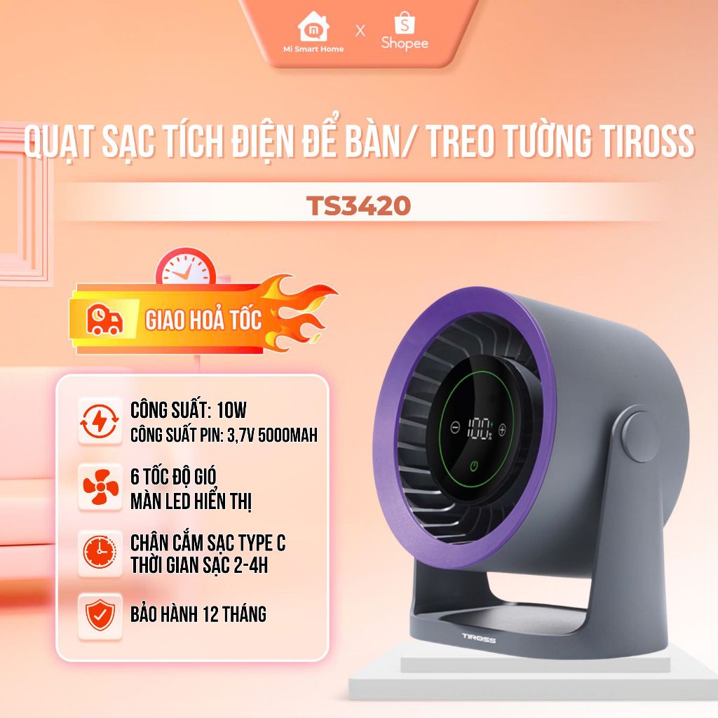 Quạt tích điện để bàn, treo tường USB Tiross TS3420 - 10W, pin 3,7V 5000mAh, 6 tốc độ gió, Bảo ...