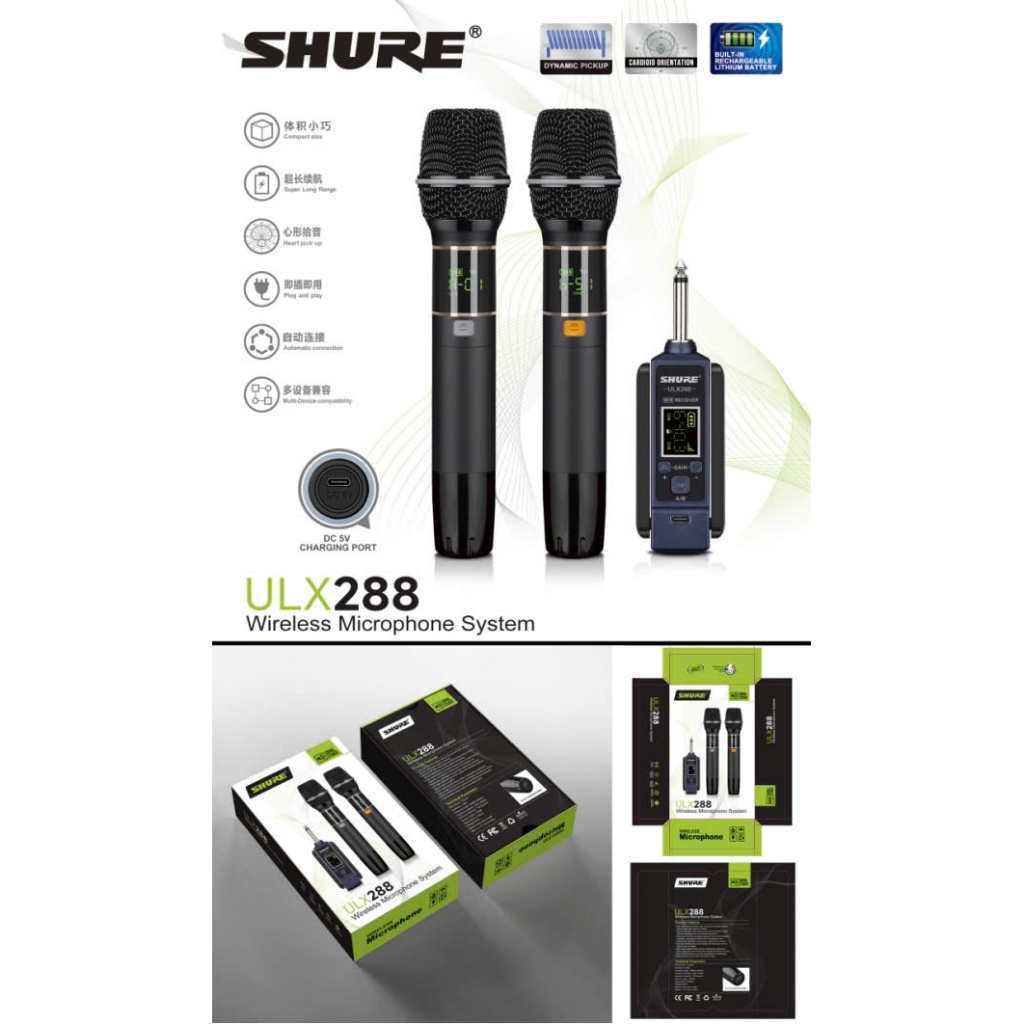 Micro Karaoke SHURE ULX288, Pin Sạc, Sét Tần Số,Chống Hú Tốt ,Đầu Củ ...