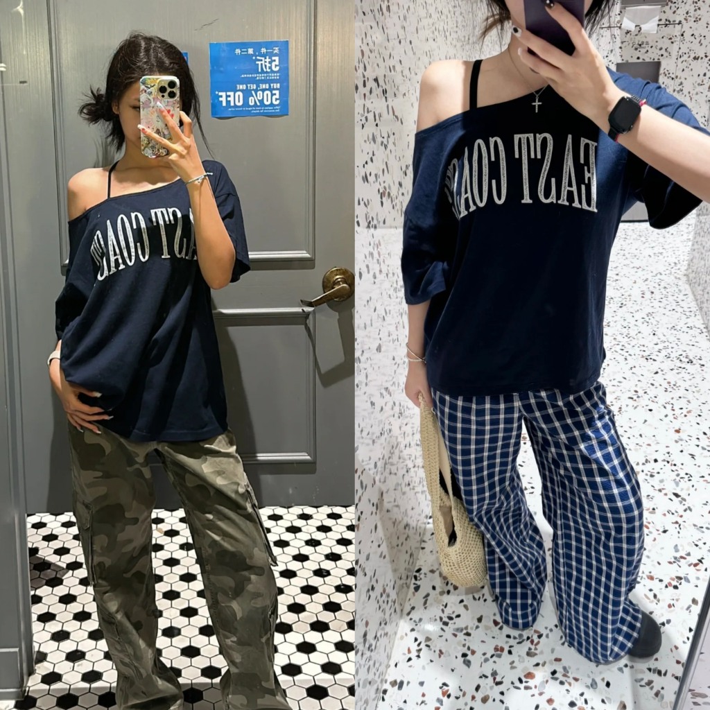 Áo thun dáng rộng trễ vai màu xanh than hoạ tiết chữ ATV002 - Tiktik | Shopee Việt Nam