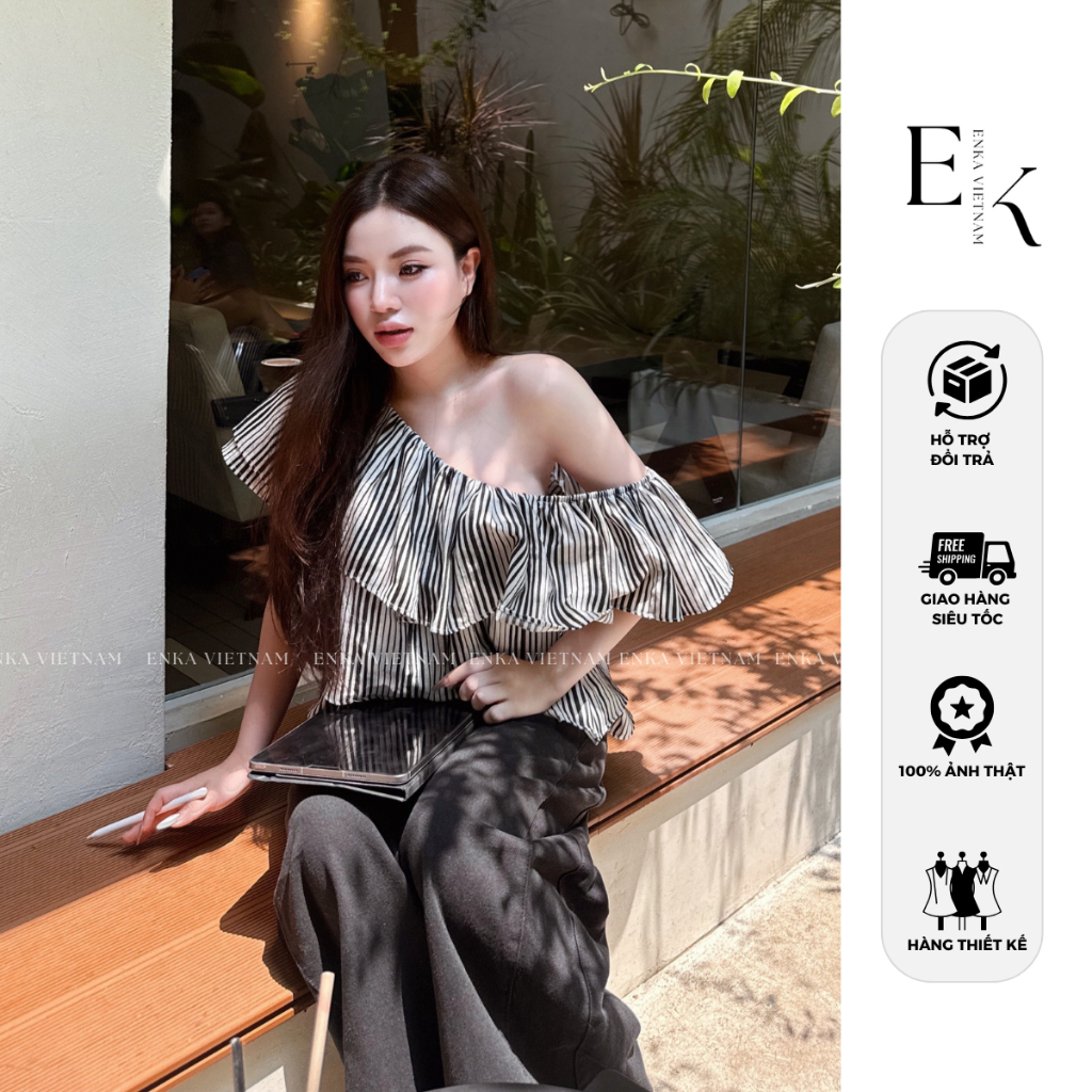 Áo trễ vai sọc trắng đen Helen áo trễ vai mùa hè đơn giản - ENKA VIETNAM | Shopee Việt Nam