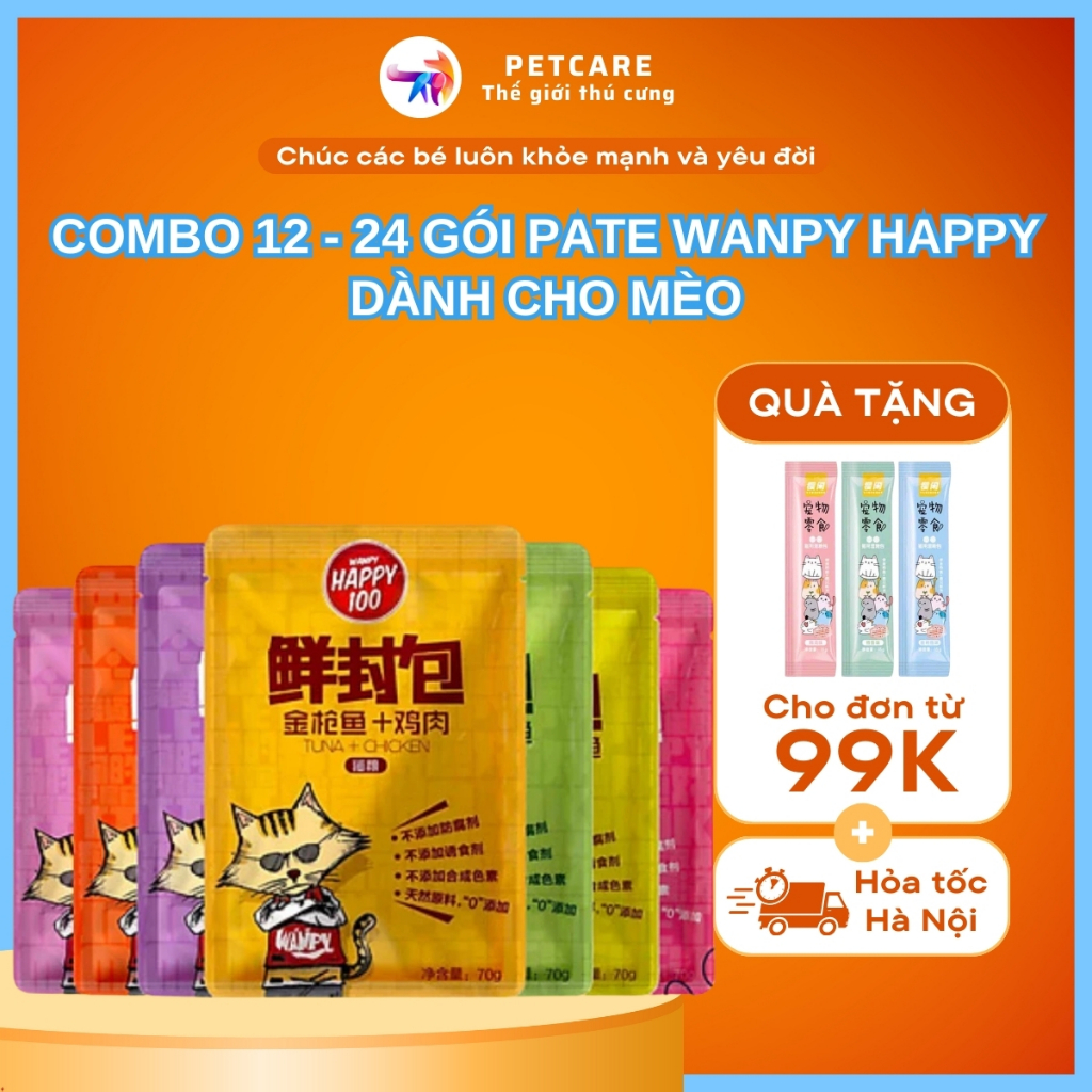 Combo Pate Wanpy Happy gói 70gr- Pate Cho Mèo Gồm 6 Vị Có Sợi Thịt Bên ...