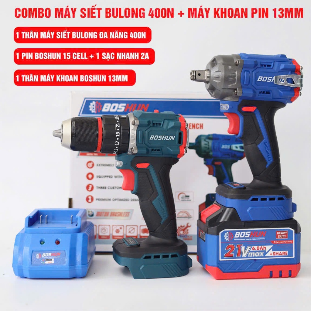 COMBO MÁY SIẾT BULONG + MÁY KHOAN PIN BOSHUN BS-ID1365BL, KHÔNG CHỔI THAN, PIN 15CELL, CHÂN PIN ...