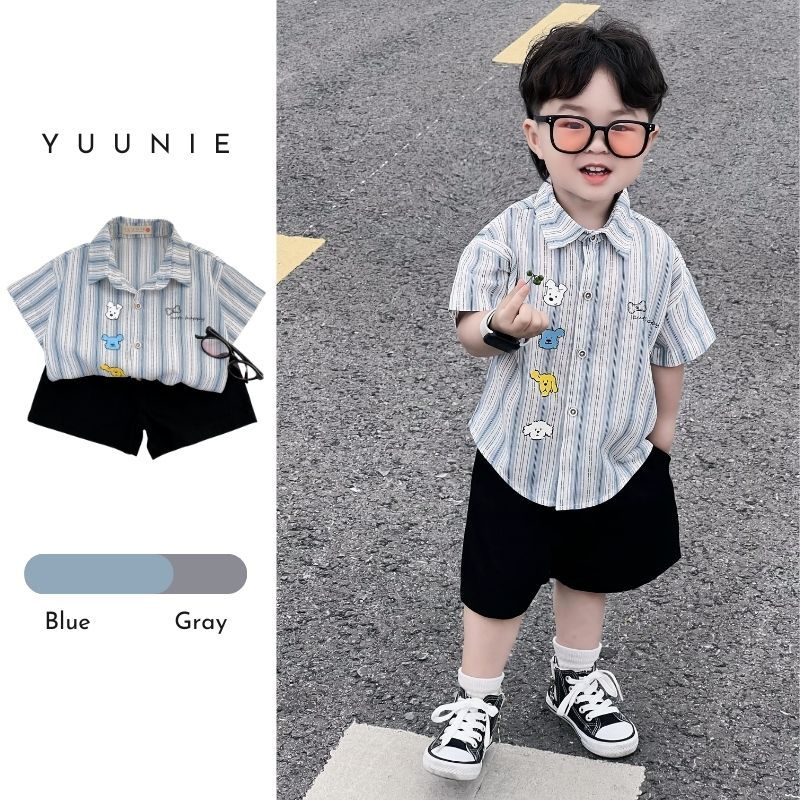 Set bộ đi chơi bé trai Yuunie, áo sơmi in hình dễ thương kèm quần short ...