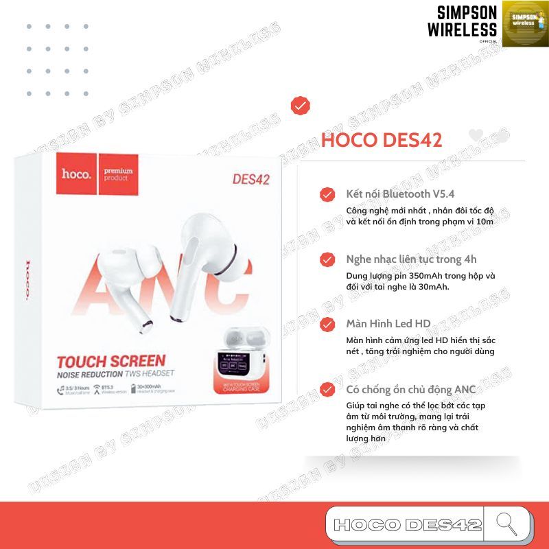 Tai nghe bluetooth có màn hình hiển thị cảm ứng Hoco DES42 - chống ồn ...
