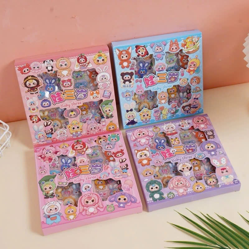 [Hộp Sticker] Hộp 100 tấm,1000 miếng dán chống nước baby three, labubu ...