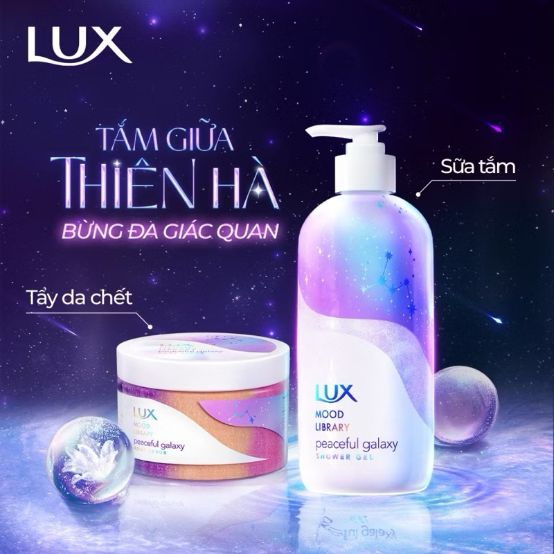 Combo sữa tắm và tẩy da chết Lux 470g+360g Mood Library Peaceful Galaxy tắm giữa thiên hà thư ...