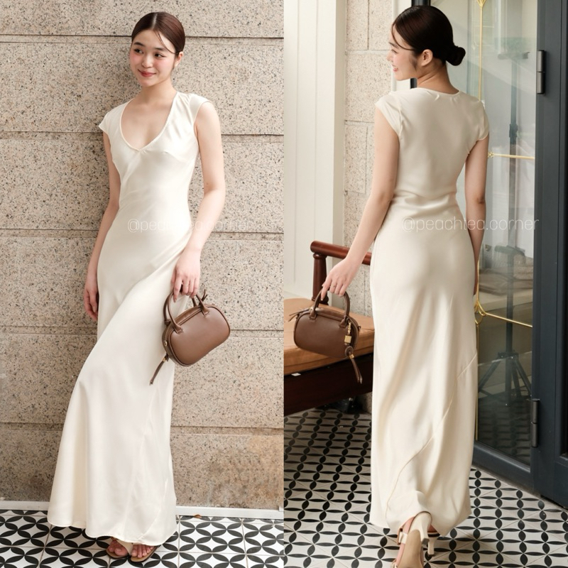 CARRIE Dress Đầm lụa tay hến cổ tim không mút ngực dáng suông dài ...