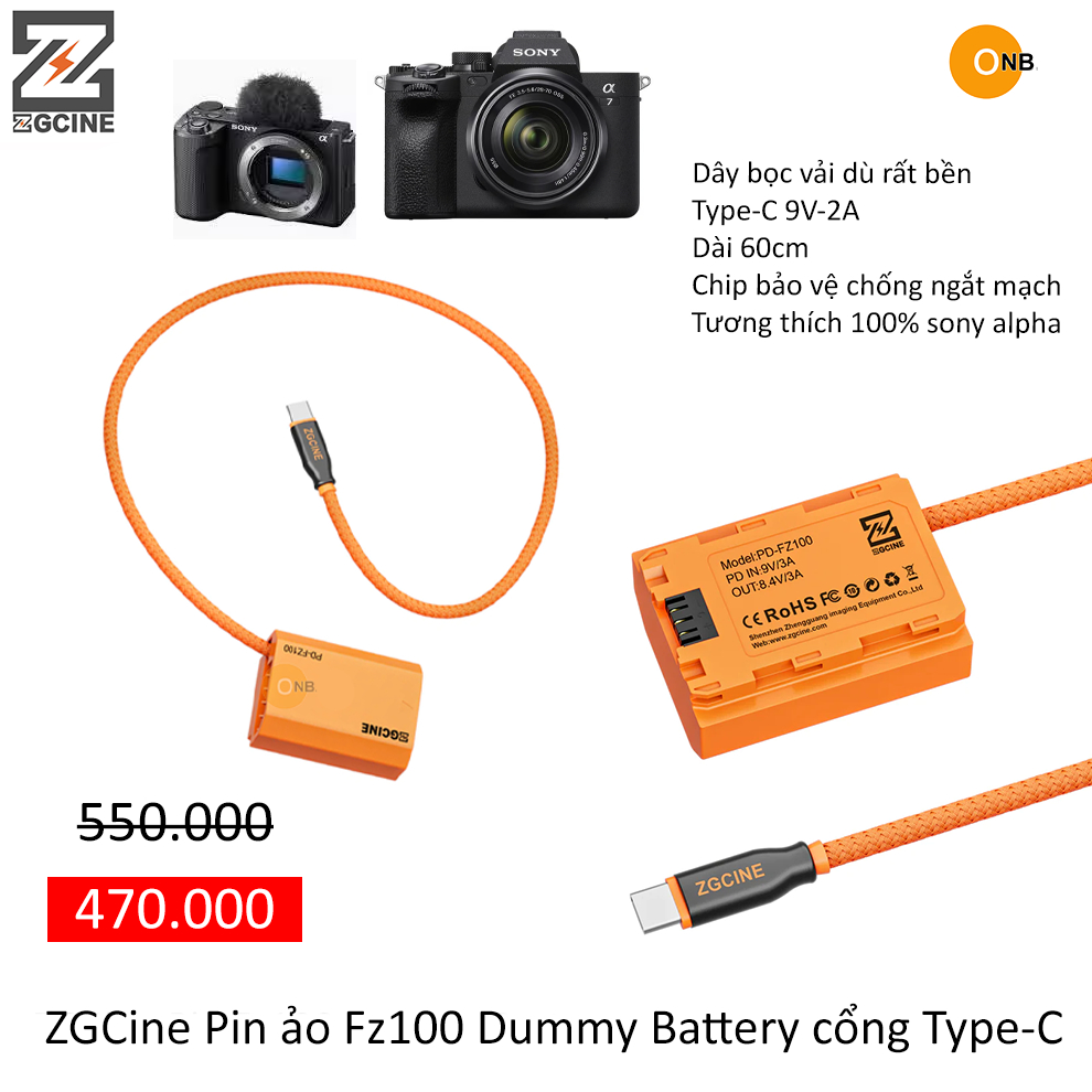 ZGCine Pin Fz100 Dummy Battery Type-C Sony a74 a73 fx3 a7s3 a7c2 ZV-E10 ...