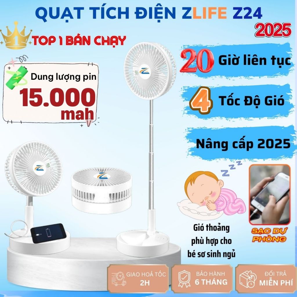 Quạt Tích Điện Cho Bé Zlife Z24 - Gấp Gọn, An Toàn, Pin Trâu 15000mAh ...