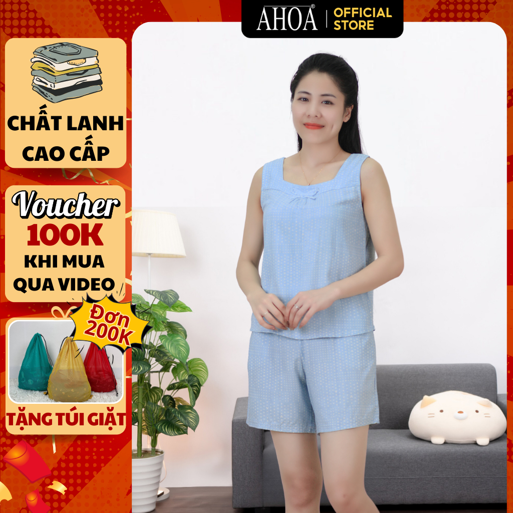 Bộ Lanh Nữ Cổ Vuông Quần Đùi AHOA, Đồ Bộ VảI Lanh Áo Sát Nách, Đồ Tole Nữ Mặc Nhà Quần Đùi Trung ...