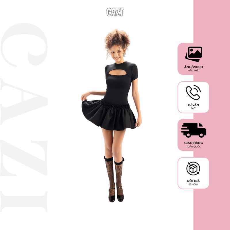 [váy] Cazi Sofia Dress - Váy 2 kiểu cổ tròn bèo hông chân xòe | Shopee ...