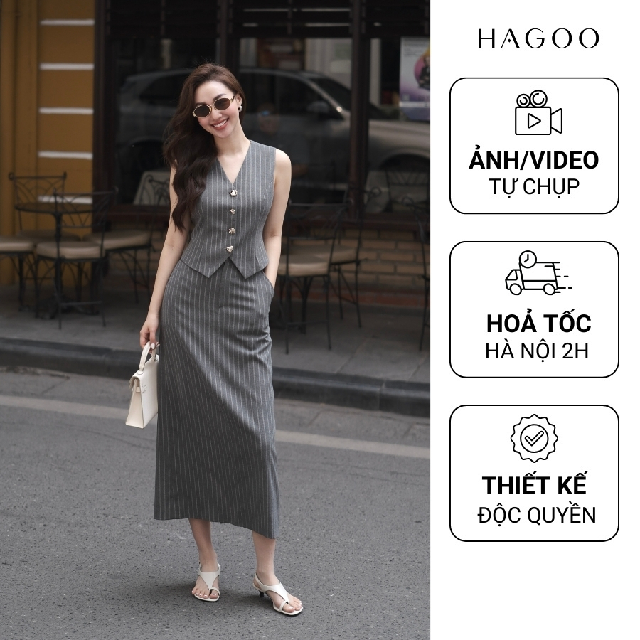 Set Gile nữ kẻ sọc khuy đồng HAGOO phong cách thanh lịch [S625] | Shopee Việt Nam