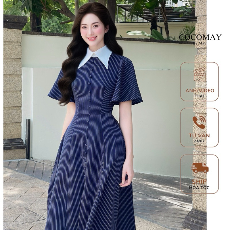 COCOMAY Đầm sọc xanh cổ trắng Sen phù hợp đi làm đi học đi chơi | Shopee Việt Nam