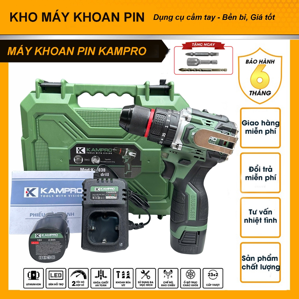 Máy Khoan Pin nội đia Kampro K-7038 màu xanh lá 35 cấp trượt, 3 Chức ...