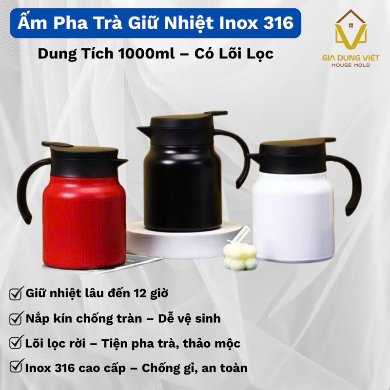 Bình Giữ Nhiệt Pha Trà Inox 316 1000ml, Giữ Nhiệt 12h,Lõi Lọc Inox, Chống Tràn | Shopee Việt Nam