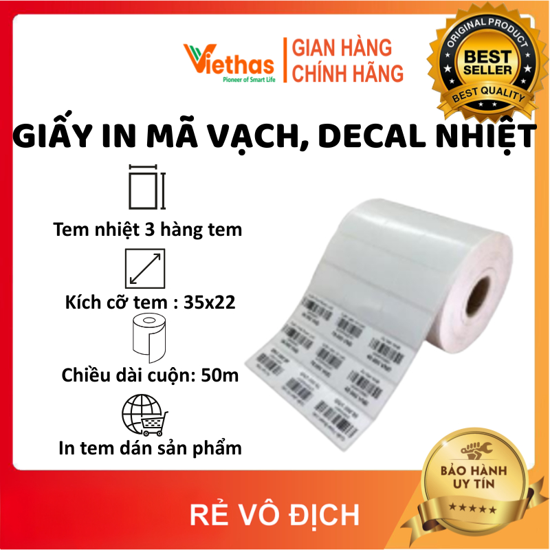VIETHAS - Giấy in mã vạch, Decal nhiệt 3 tem 35x22 (35mm x 22mm) in mã ...
