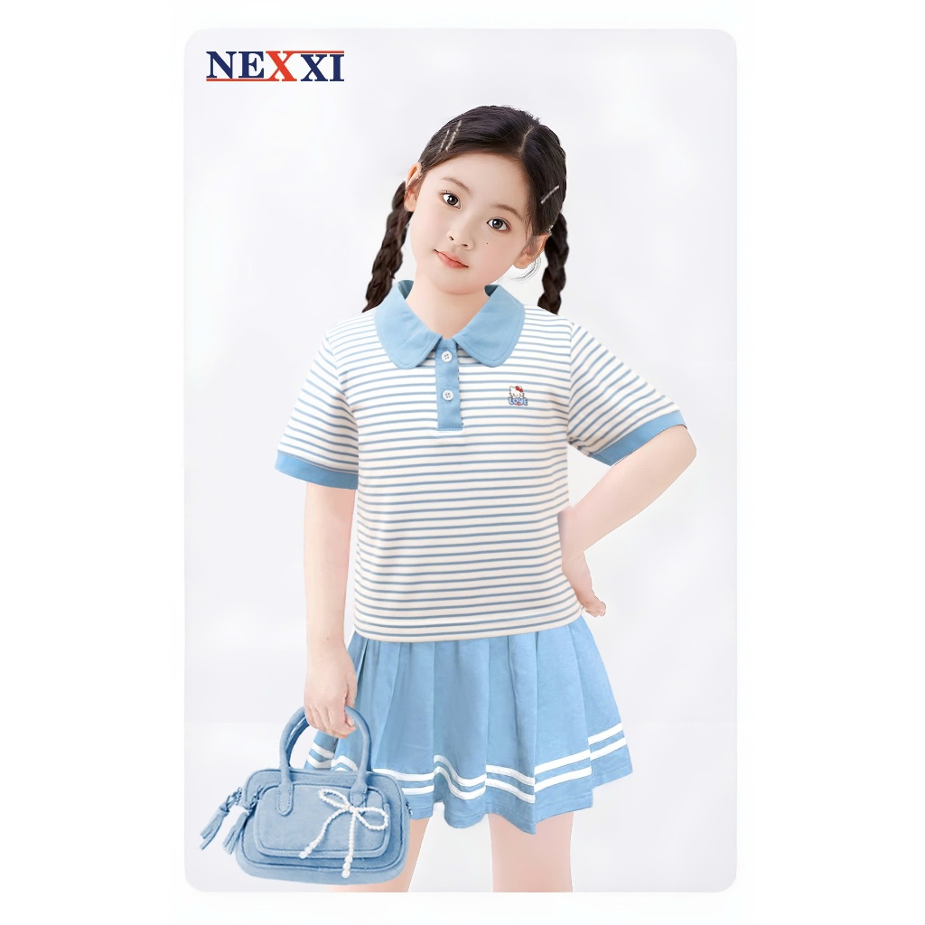 Set Váy Xếp Ly Bé Gái Áo Thun Sọc Cổ Bẻ Ngắn Tay, Tay Cộc In Kitty Hottend Cho Mùa Hè Nexxi ...
