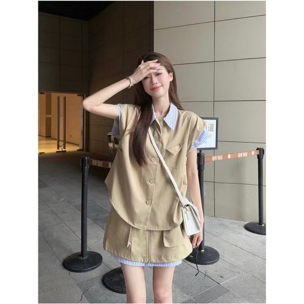 Set kaki sơ mi phối 2 màu kèm chân váy cạp chun LAVIAN S28 | Shopee ...