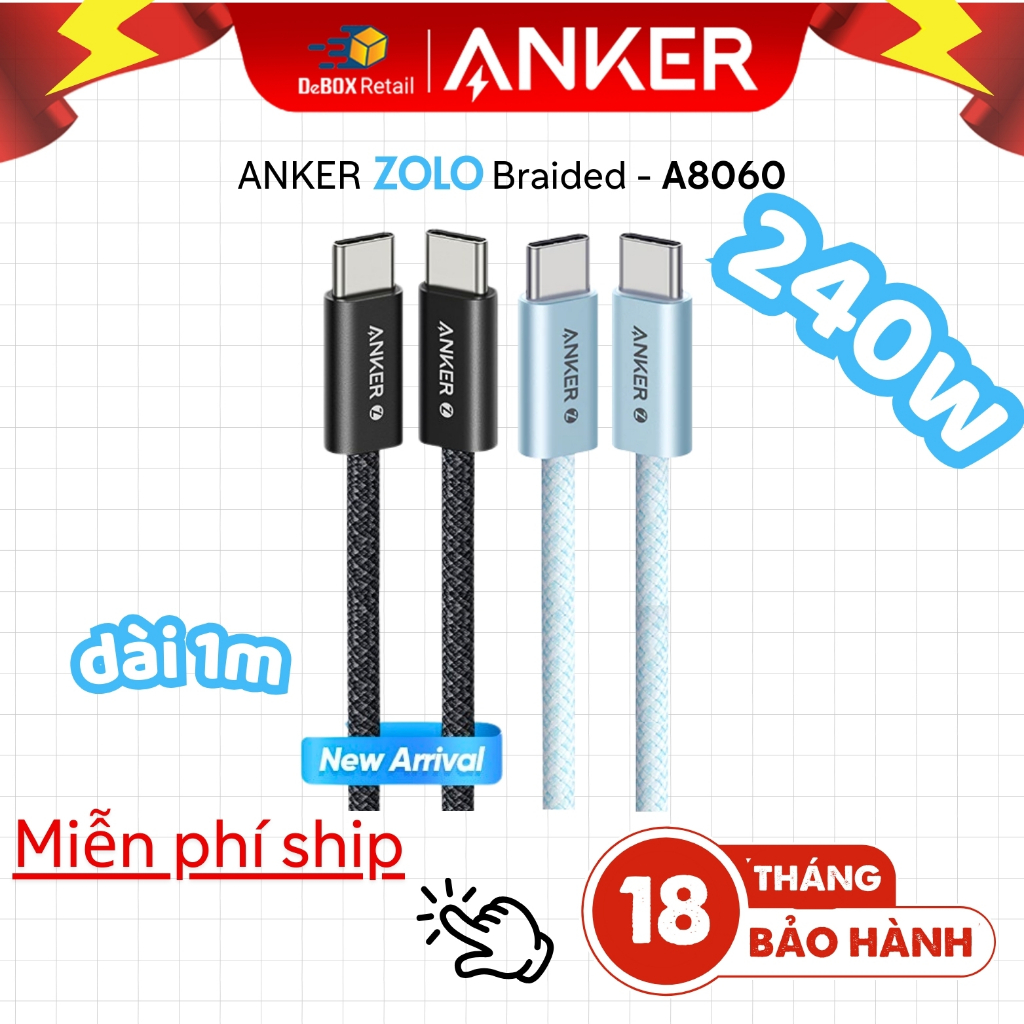 Cáp sạc nhanh và truyền dữ liệu ANKER Zolo A8060 USB-C to C công suất 240W dài 0,9m Chất liệu ...