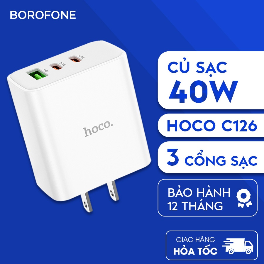 Củ sạc nhanh 40W Hoco C126 có 3 cổng sạc: 2 TypeC và 1 USB sạc cùng lúc ...