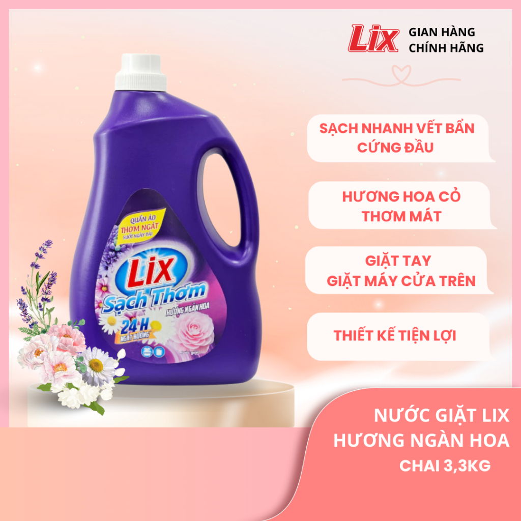 Nước giặt Lix sạch thơm hương ngàn hoa chai 3.3kg sạch nhanh vết bẩn N7401 gấp đôi sức mạnh giặt ...