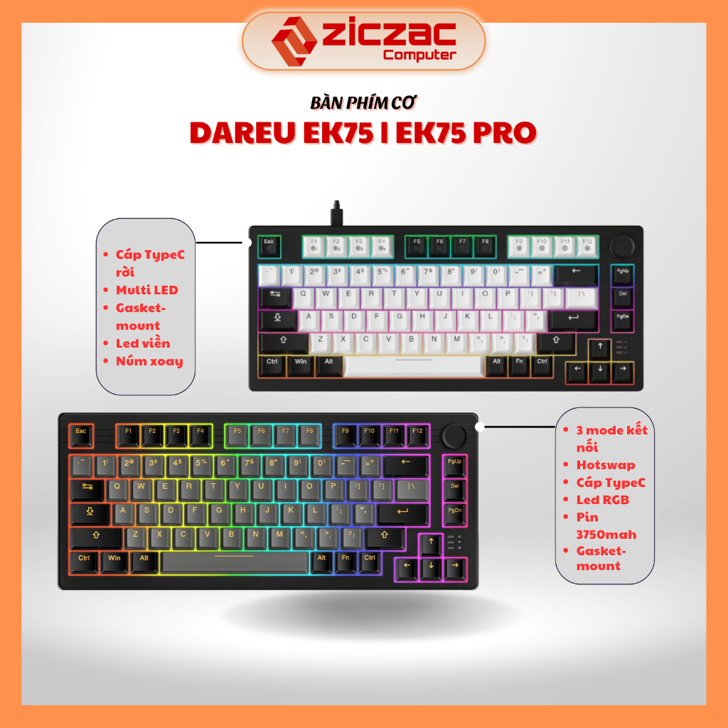 Bàn phím cơ Dareu EK75 - EK75 Pro Black Gold / Led RGB / 3 modes ...