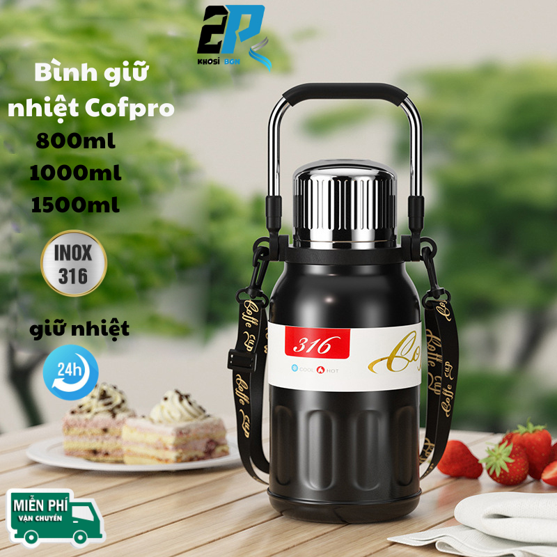 Bình giữ nhiệt inox 316 1000ml 1500ml coffe Pro dung tích giữ nhiệt 24h có quai xách dây đeo và ...