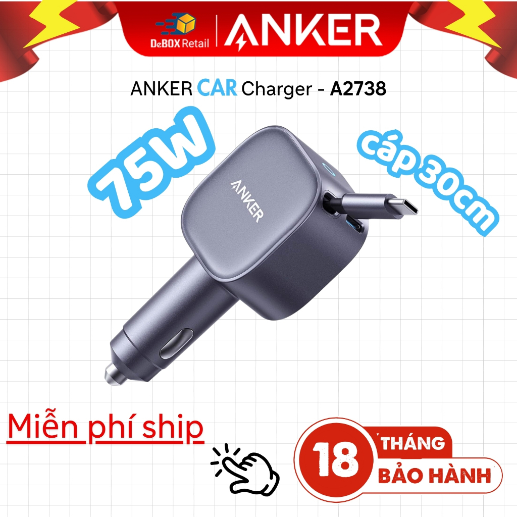 Tẩu sạc ô tô ANKER Nano 75W tích hợp 1 cáp USB-C (Một cổng USB-C 30W) sạc 2 thiết bị hỗ trợ PPS ...