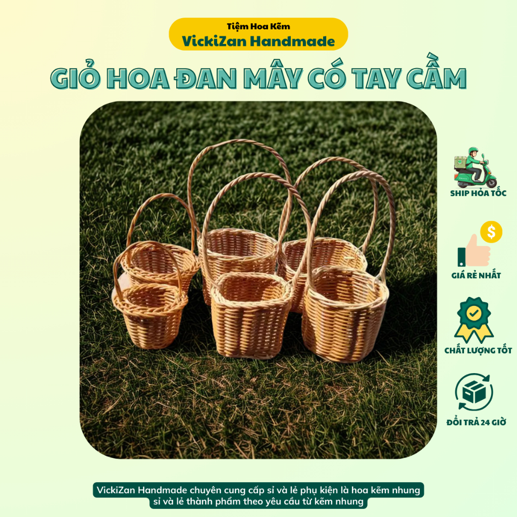 Giỏ Hoa Đan Mây Có Tay Cầm Dùng Trang Trí, Cắm Hoa Handmade Nhiều Kích ...
