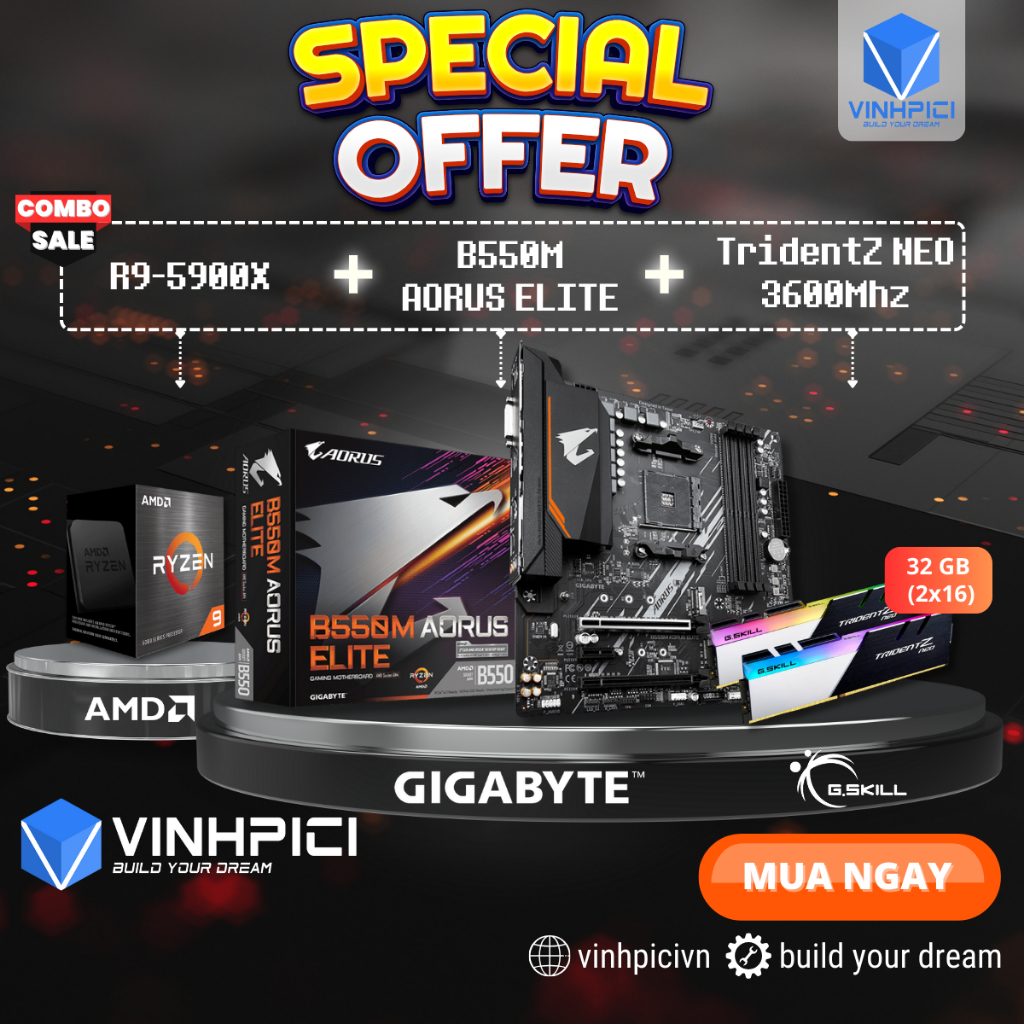 Bộ máy tính COMBO AMD (R9 5900X + B550M AORUS ELITE + Trident Z NEO 3600MHz 32GB 16GBx2 ...