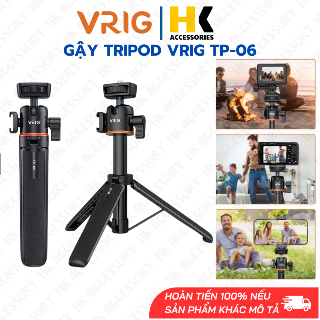 Tay cầm Vrig TP 06 mini vlog chịu tải 1,5kg cứng cáp gắn máy ảnh điện ...