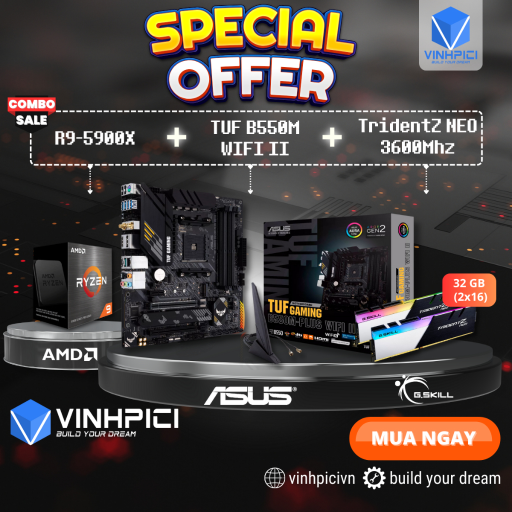 Bộ máy tính COMBO AMD (R9 5900X + TUF B550M WIFI II + Trident Z NEO 3600MHz 32GB 16GBx2 ...