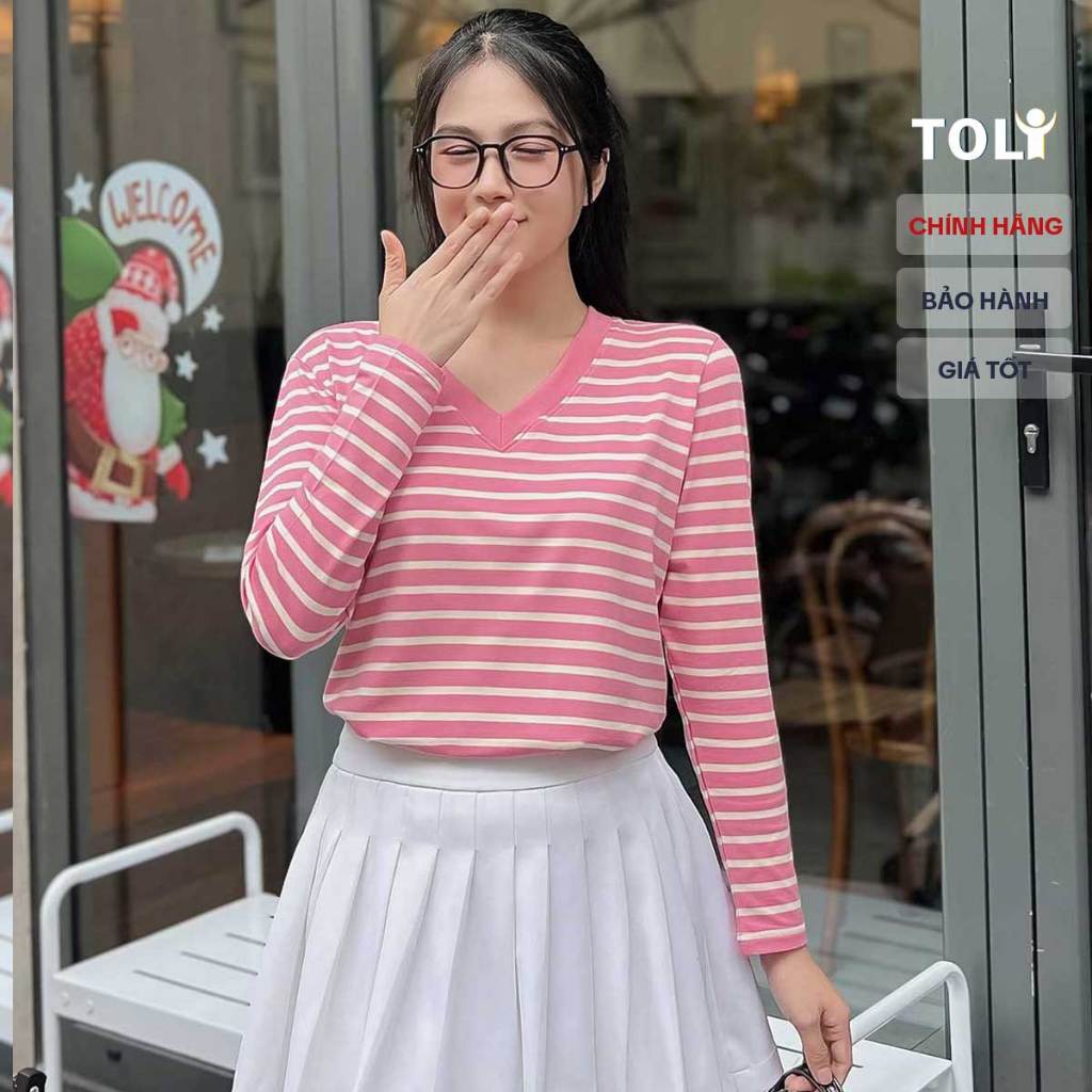Áo thun tay dài nữ TOLI cổ tim sọc ngang, Form vừa dáng, vải cotton mềm ...