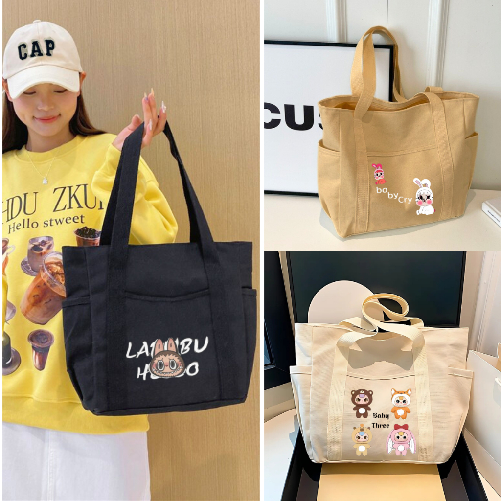 Túi xách vải Hello mumu, túi tote canvas có khoá dung tích lớn, túi vải ...