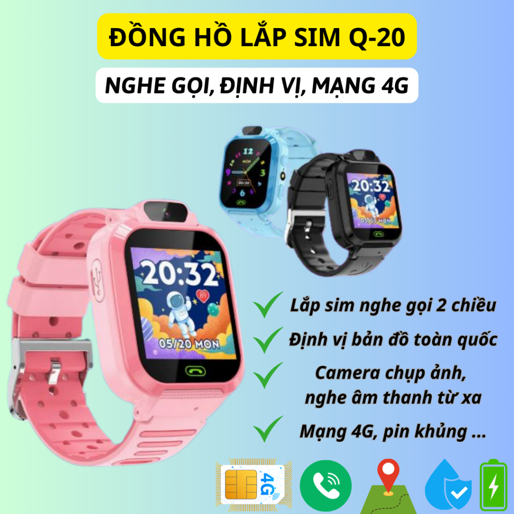 Đồng Hồ Thông Minh Lắp Sim Trẻ Em Q20, nghe gọi 2 chiều, định vị toàn quốc, mạng 4G, App kết nối ...