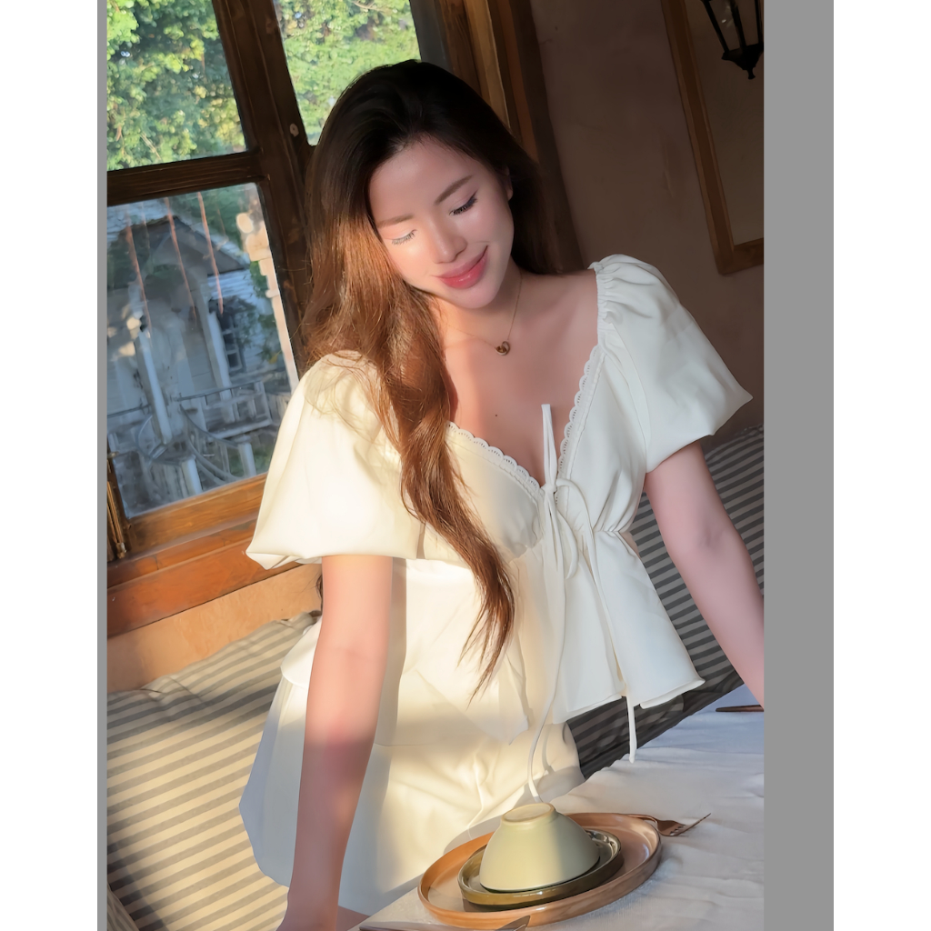 Áo kiểu tay phồng SARA dày dặn phong cách tiểu thư sang trọng vải cotton Top Women - ENKA ...