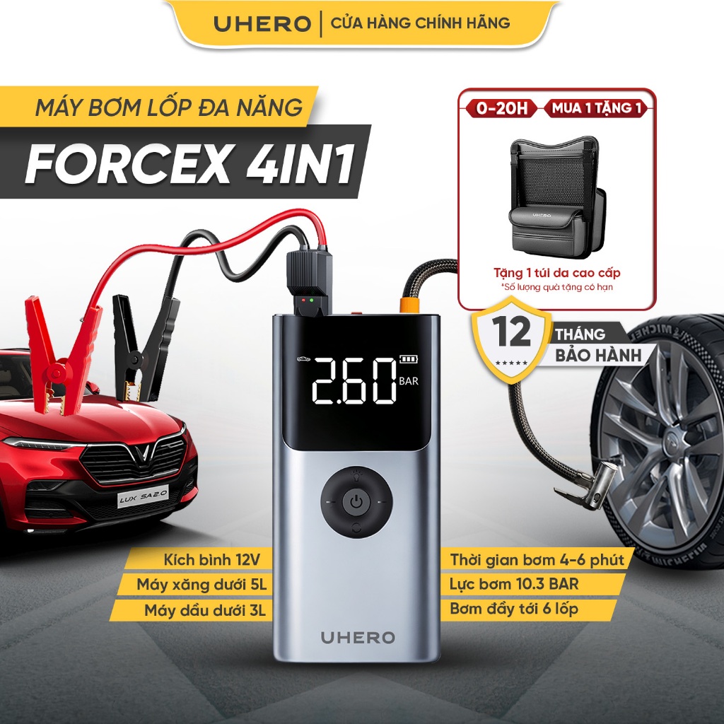 [MUA 1 TẶNG 1]Bơm lốp kích bình ô tô 4in1 UHero ForceX kèm sạc dự phòng, đèn chiếu sáng, bảo ...