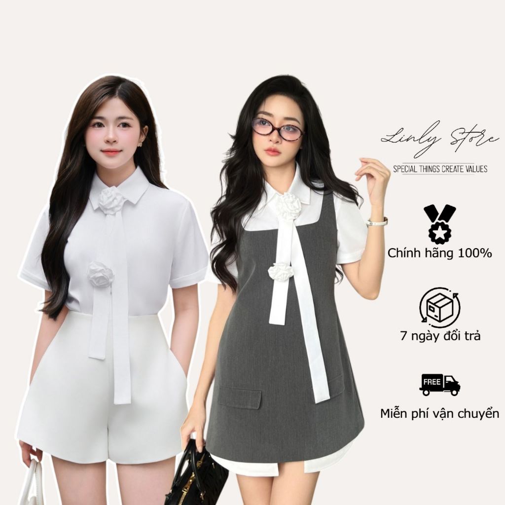 Set váy hai dây bản to phối áo sơ mi cộc tay tiểu thư Linly Store S-SP3 | Shopee Việt Nam