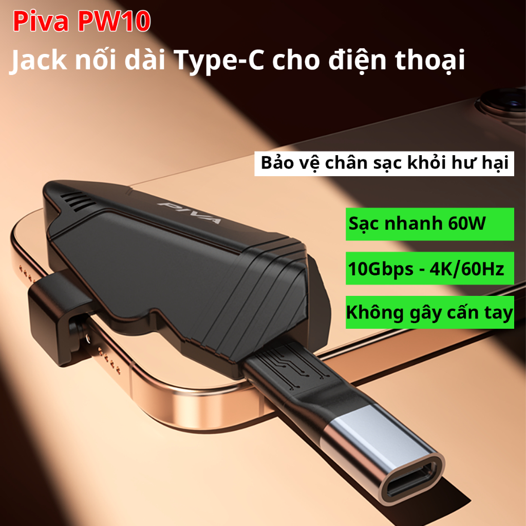 Piva PW10 Dây Type-C nối dài chữ L bảo vệ chân sạc dành cho điện thoại Android và ip Sạc nhanh ...
