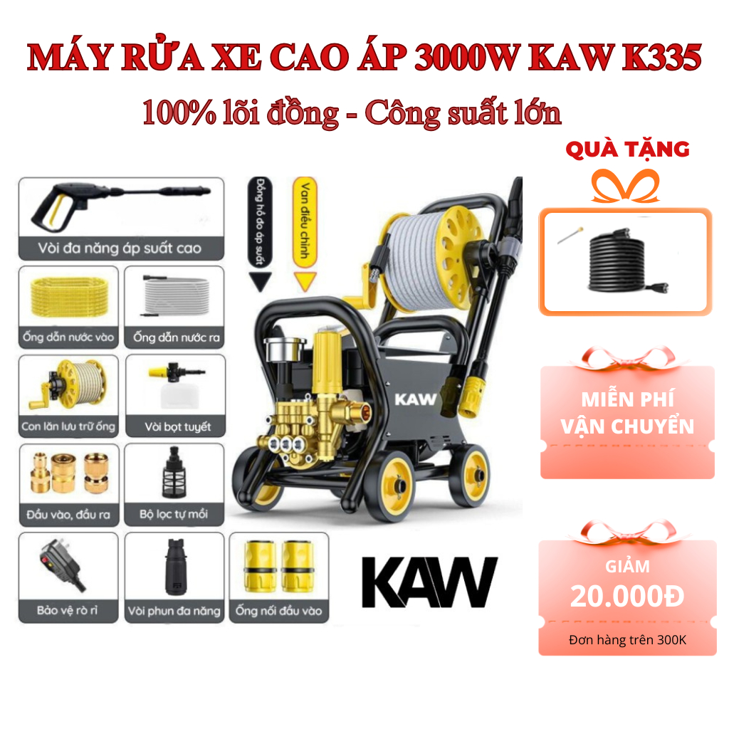 Máy rửa xe bán công nghiệp KAW K335 lõi đồng siêu mạnh, Dây dài 15m rửa xe, sửa sân, tưới rau ...