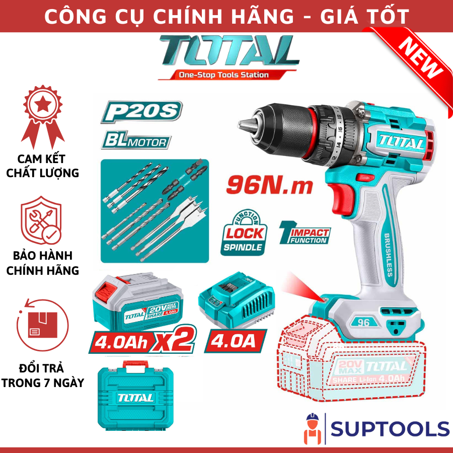 Máy khoan búa không chổi than 96Nm dùng pin 20V TOTAL TIDLI209681 ...