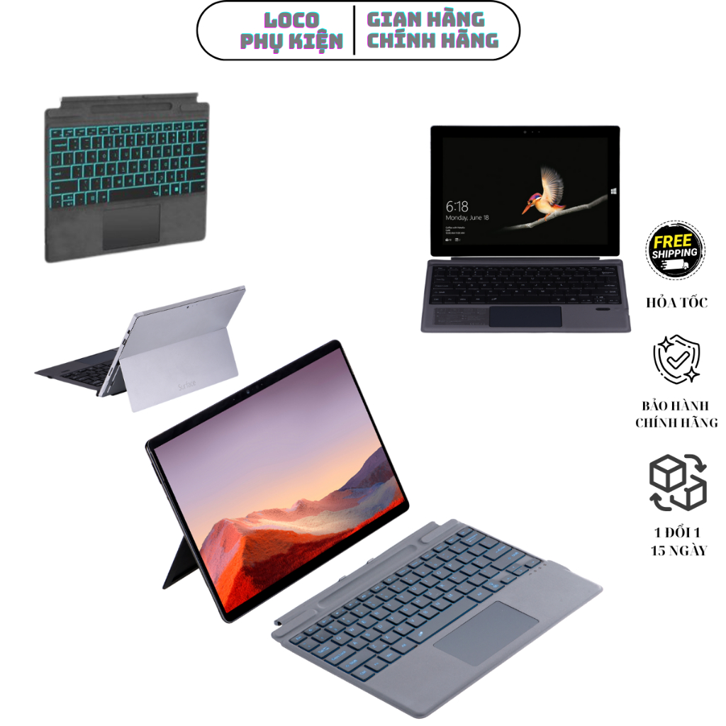Bàn phím Surface kết nối Bluetooth Có đèn nền cho Surface Pro 3/4/5/6/7, Pro8/9/ X/ 10/11 GO/GO2 ...