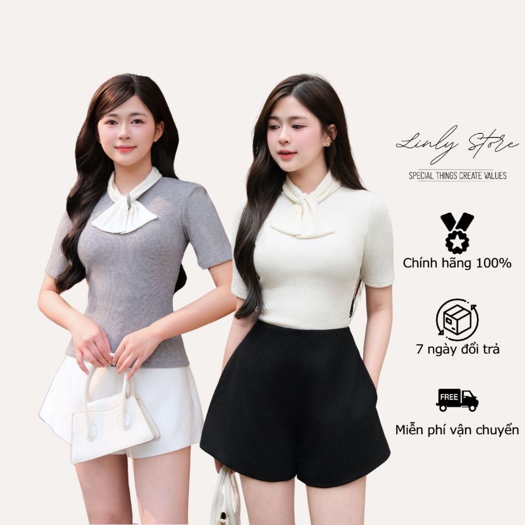 Áo thun body cộc tay thiết kế cổ nơ, áo kiểu ngắn tay dáng ôm cách điệu tiểu thư Linly Store A ...